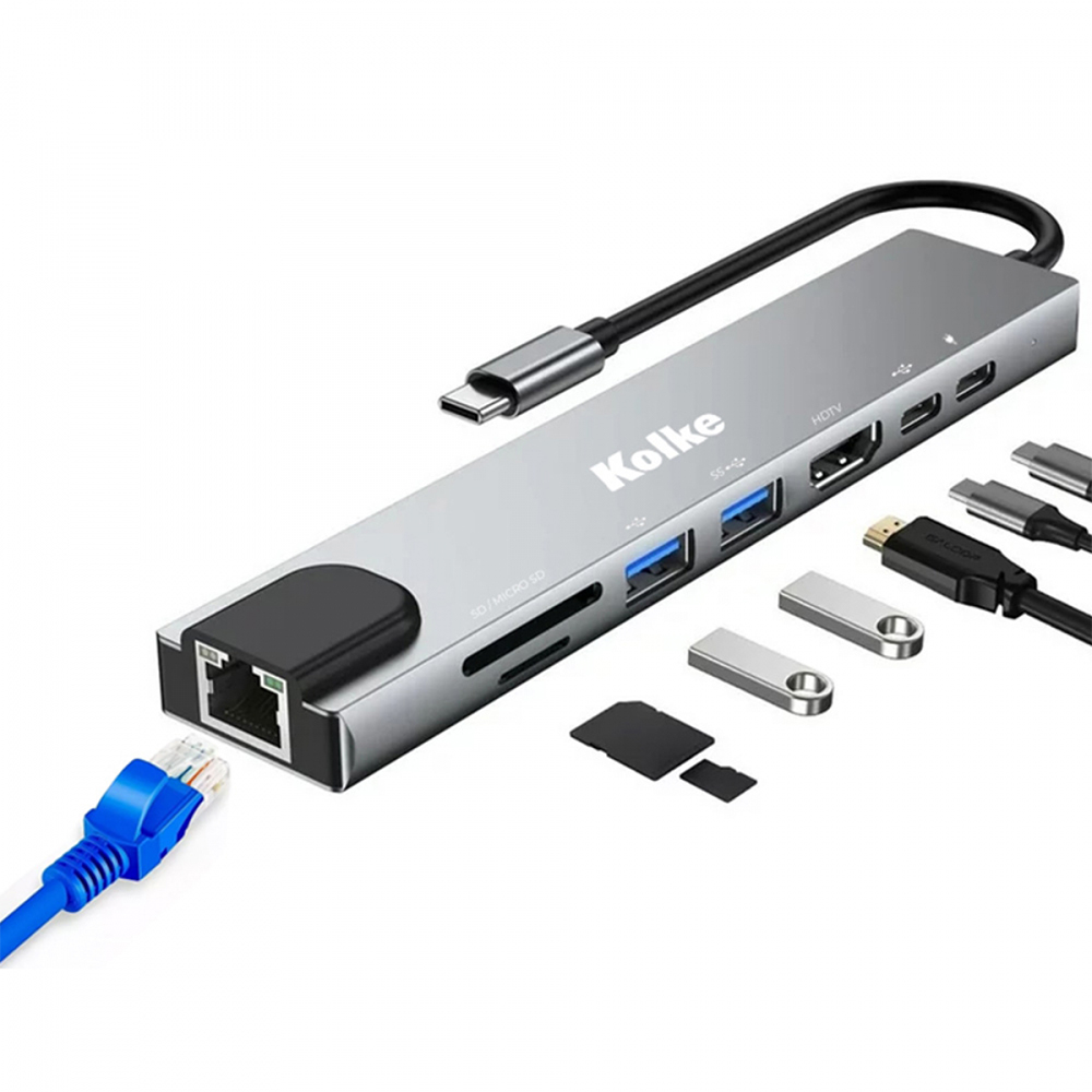 HUB USB-C KOLKE 8 en 1 con puertos USB 3.0, Tipo C, SD, Micro SD, HDMI ...